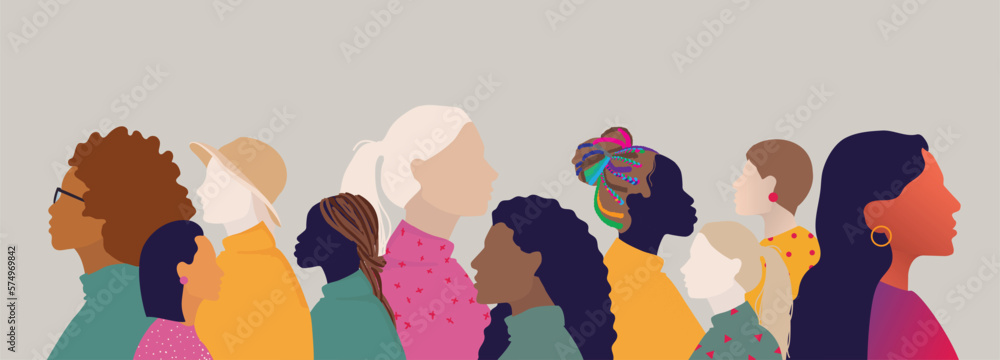 group of multicultural and multiethnic woman face silhouette in profile ...