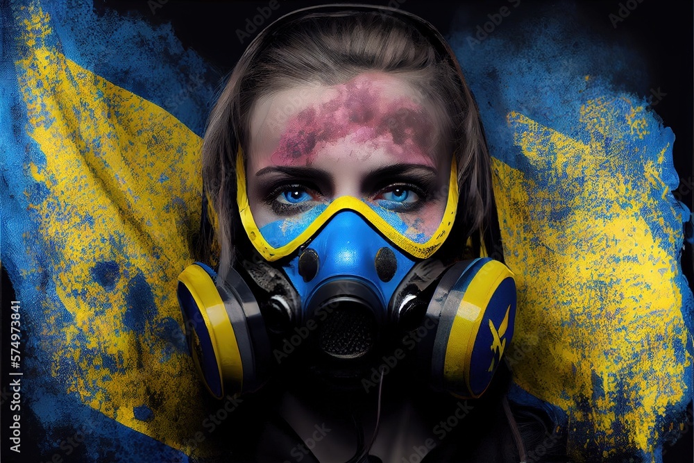Russian girl wearing a gas mask with Ukrainian flag on it and on the ...