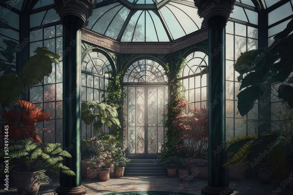 Beautiful large conservatory with beautiful plants and flowers, old ...