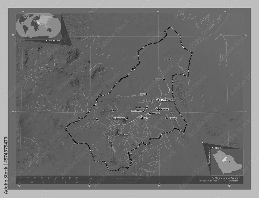Al Qasim, Saudi Arabia. Grayscale. Labelled points of cities Stock ...