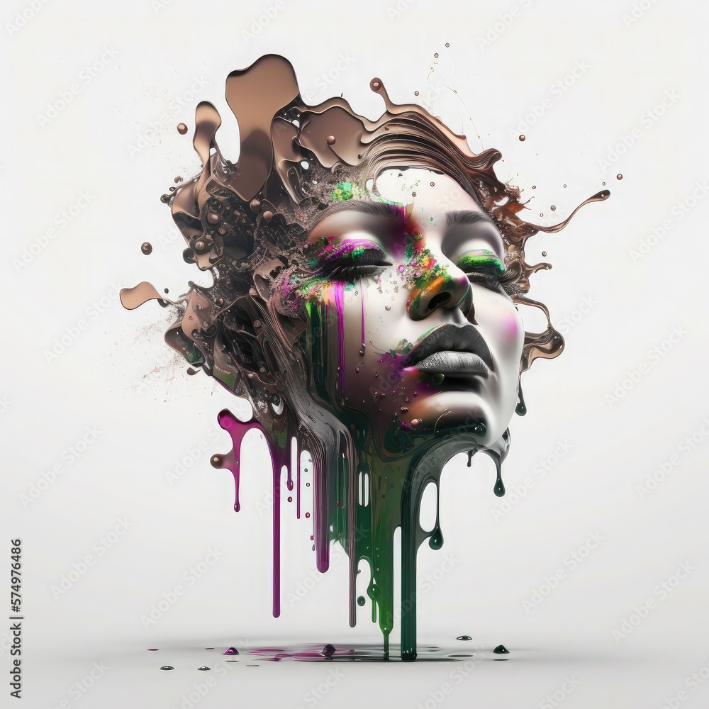 Fictional character, face dripping and melting with liquid paint ...