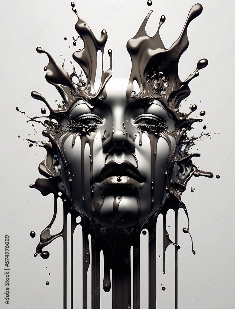 Fictional character, face dripping and melting with liquid paint ...