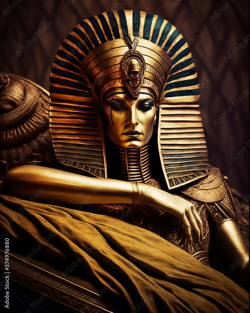 Egyptian Pharaoh Queen statue wearing Golden mask sitting on Royal ...