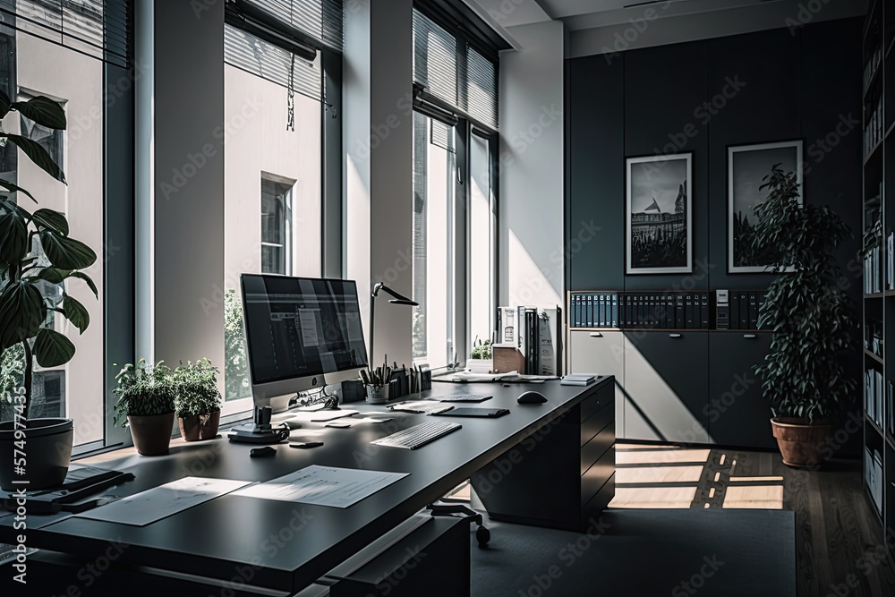 elegant and modern business office decorated with a palette of gray and ...
