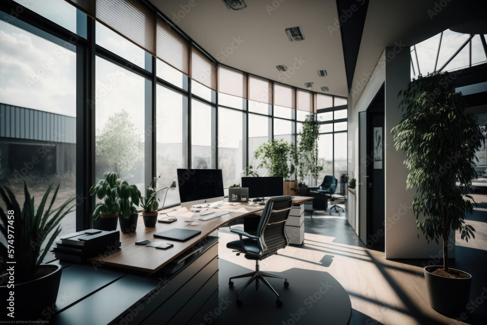 elegant and modern business office decorated with a palette of gray and ...