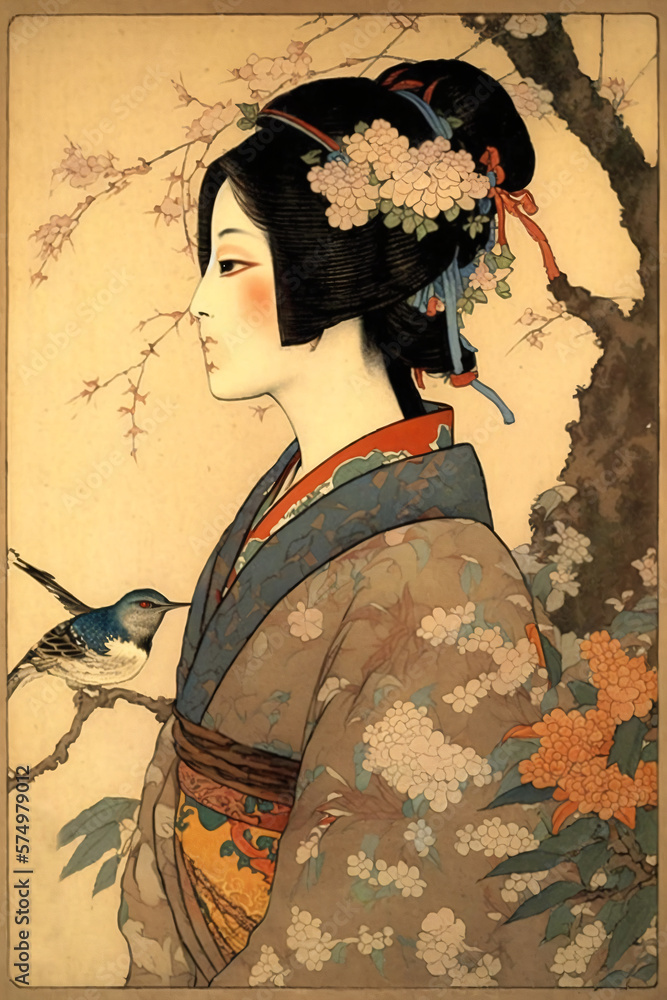 japanese geisha with little bird, woman in kimono, fictional person ...