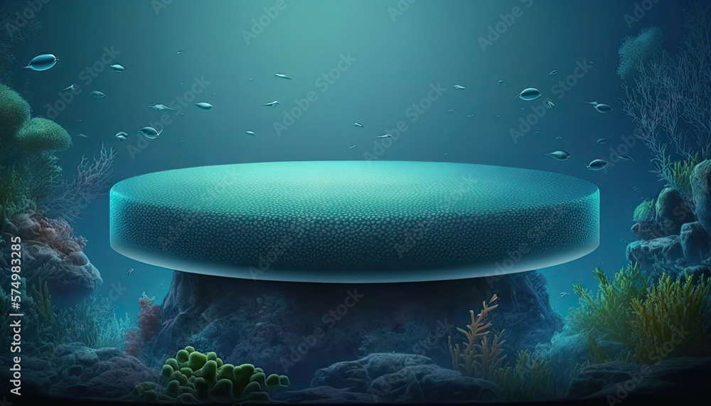Ocean underwater scene with empty round minimal product podium display ...