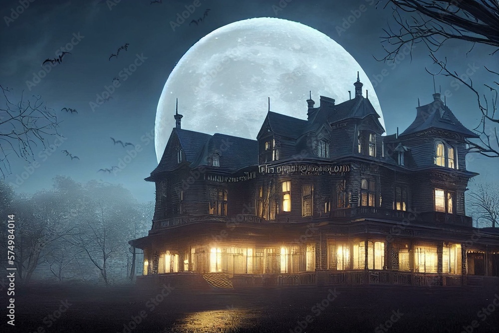 Large victorian house of terror with a full moon in the dark and ...