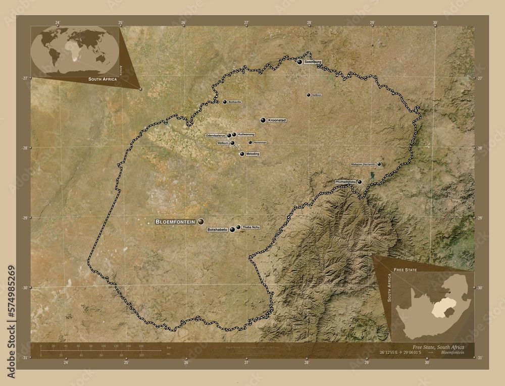 Free State, South Africa. Low-res satellite. Labelled points of cities ...