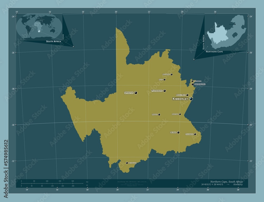 Northern Cape, South Africa. Solid. Labelled points of cities Stock ...