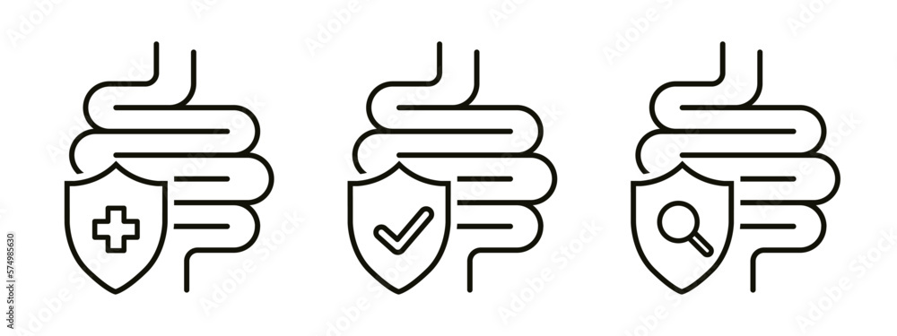 Colitis intestine icon set. Stomach with protected health sign. Check ...