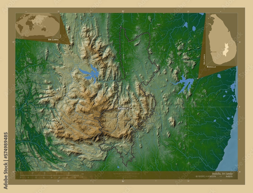 Badulla, Sri Lanka. Physical. Labelled points of cities Stock Illustration | Adobe Stock