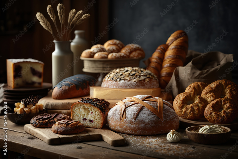 Many type of bread and bun are set on the table, food display ...