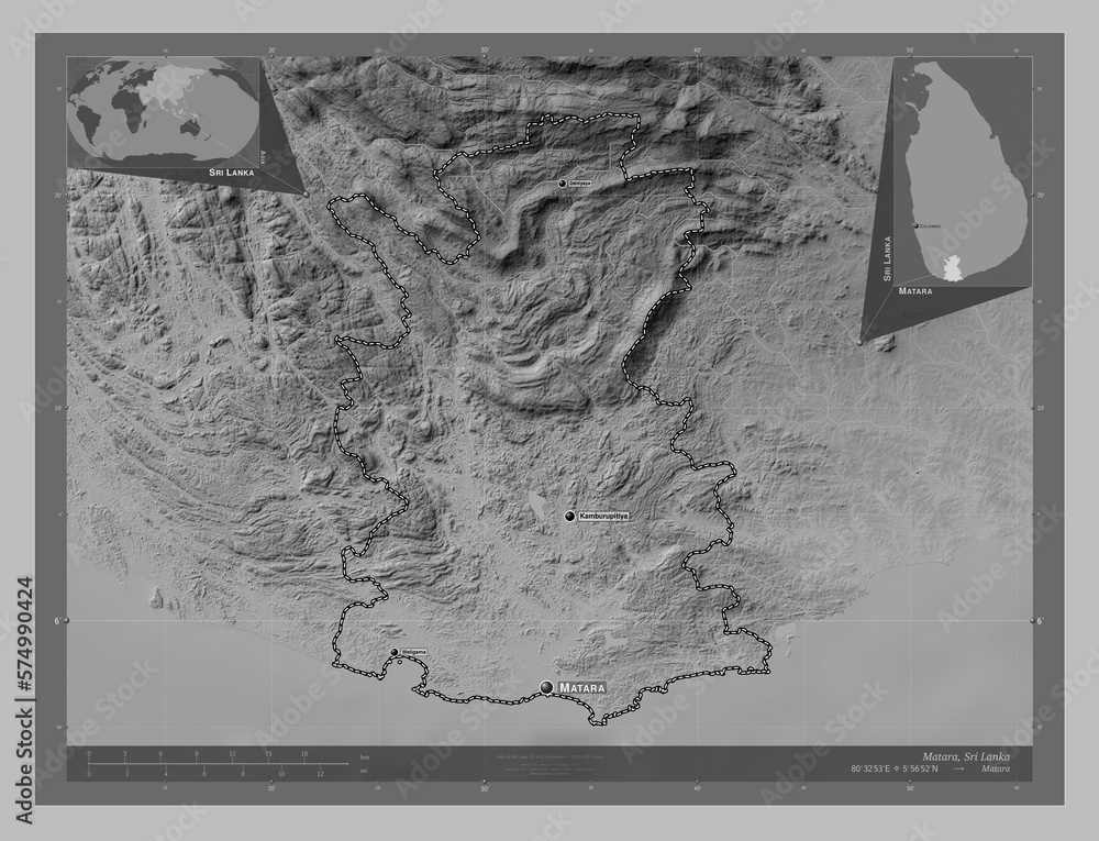 Matara, Sri Lanka. Grayscale. Labelled points of cities Stock ...