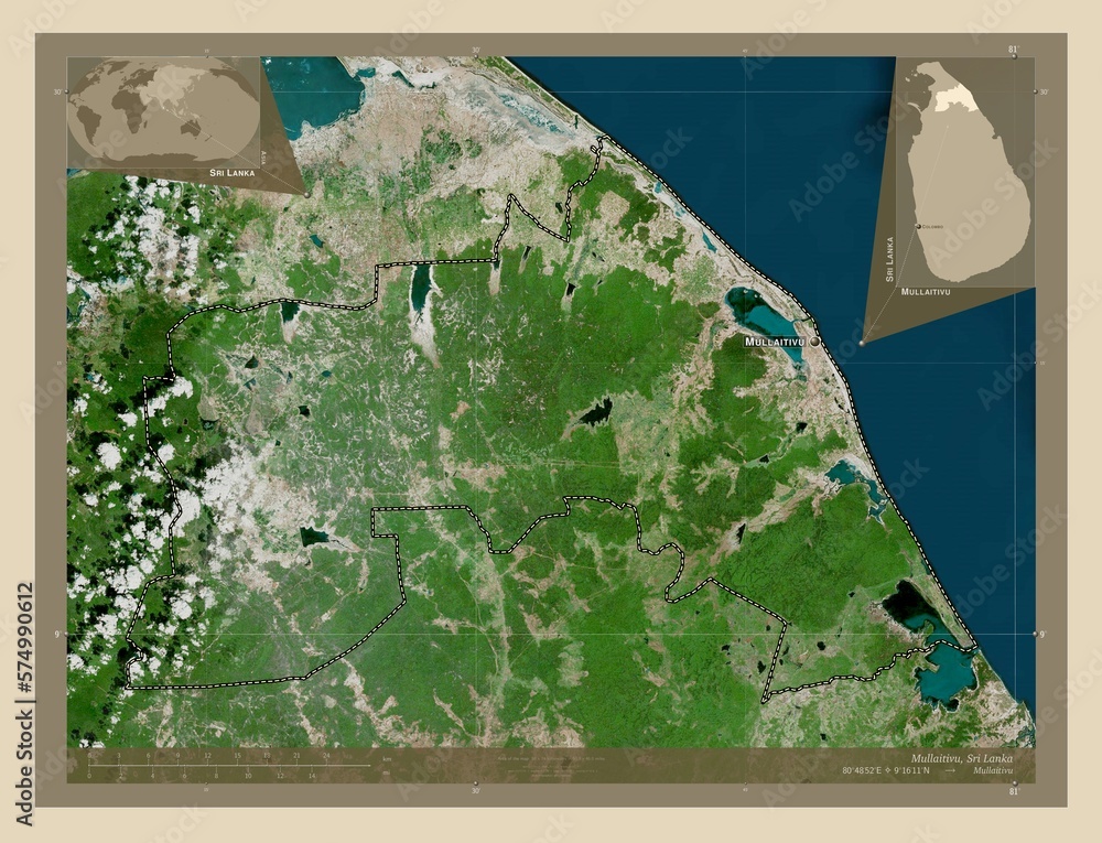 Mullaitivu, Sri Lanka. High-res satellite. Labelled points of cities ...