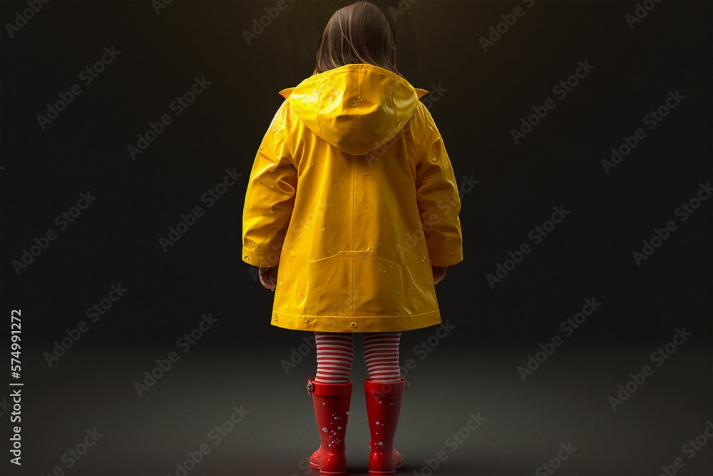 full body image of a young girl wearing bright red wellies and a yellow ...