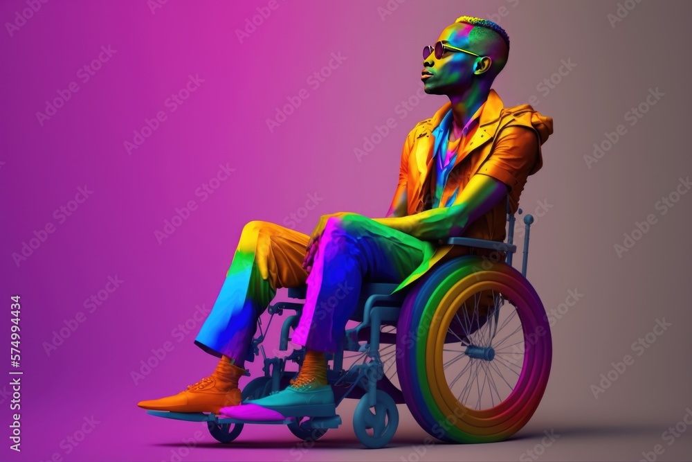 Queer and disabled, black person in rainbowcolours in wheelchair at gay pride, stop or prohibit ...