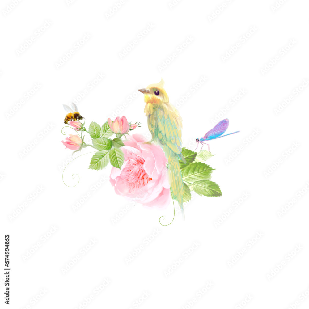 Watercolor floral clip art yellow bird on pink roses, bee, dragonfly ...