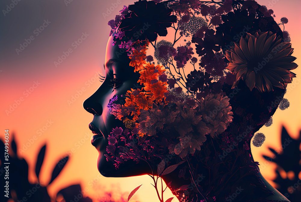 Abstract double exposure portrait of beautiful young woman face with ...