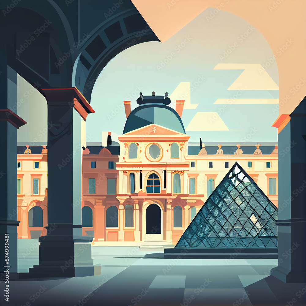 view of Musee du Louvre, cartoon style, flat design, generative ai ...