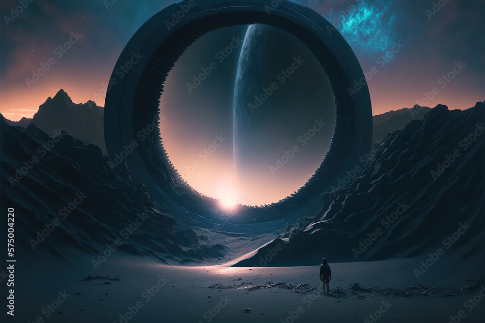 Spaceman travel through the space with mysterious sci-fi fantasy portal ...