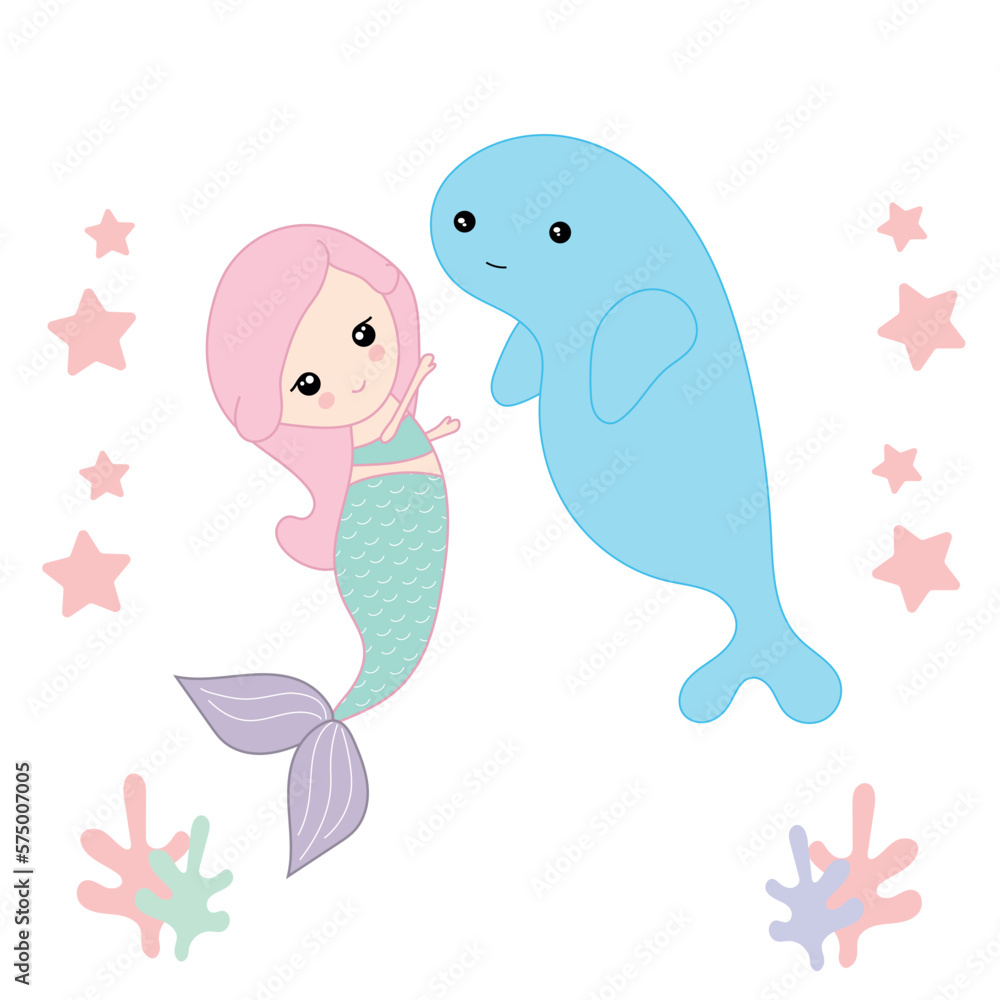 Cute cartoon mermaid and fish character illustration Stock Vector ...