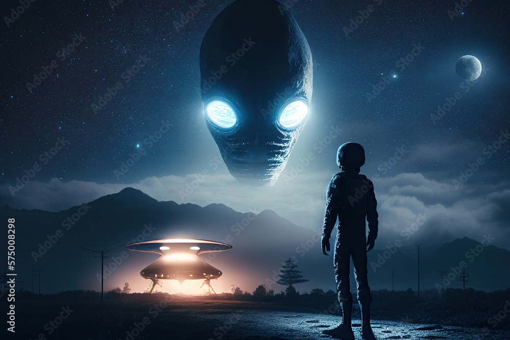 Flying saucer flies at night in sky over silhouette of man standing in ...