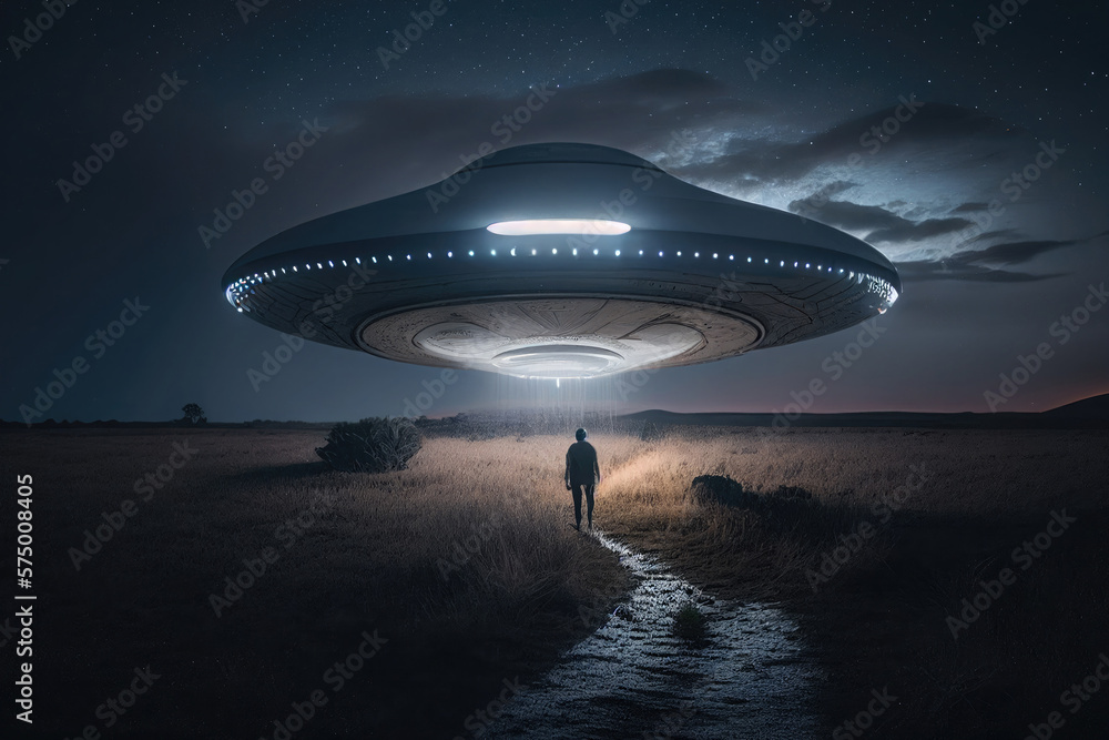 Flying saucer flies at night in sky over silhouette of man standing in ...