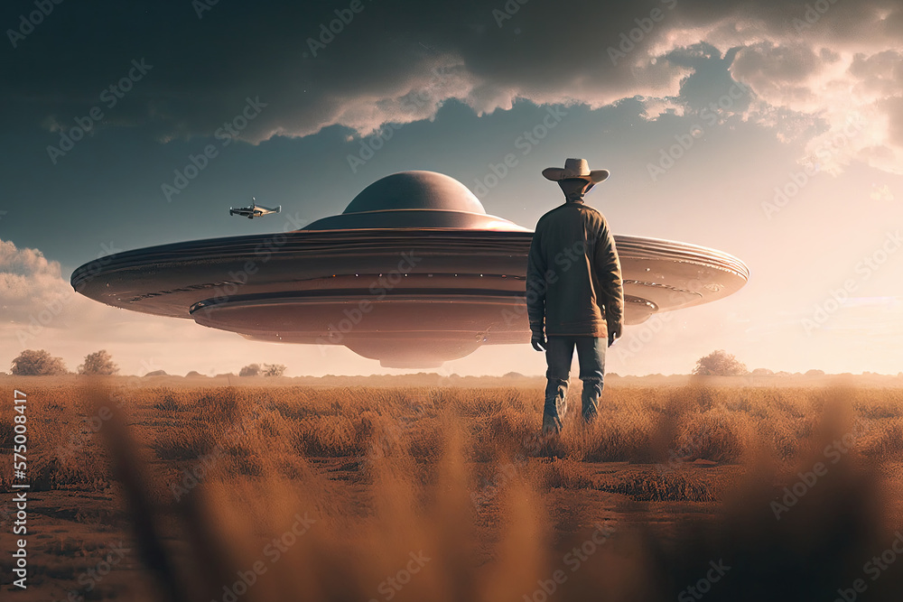 Flying saucer flies in sky over silhouette of man standing in field ...