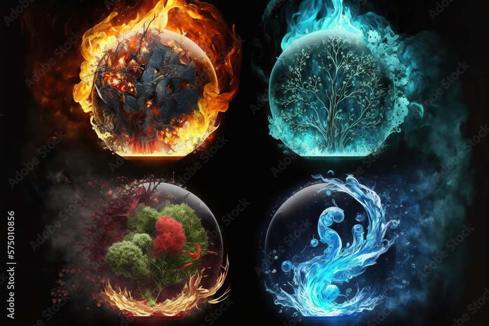 Four elements, water, fire, earth, air, Generative AI Stock ...