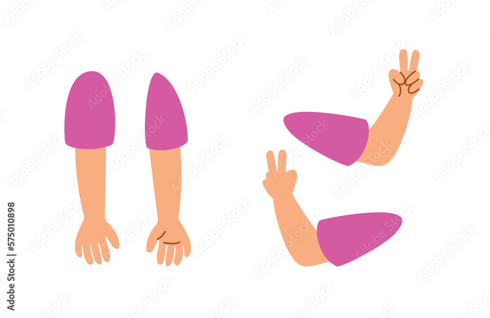 Girl hands for animation set. Person in purple tshirt shows two fingers ...