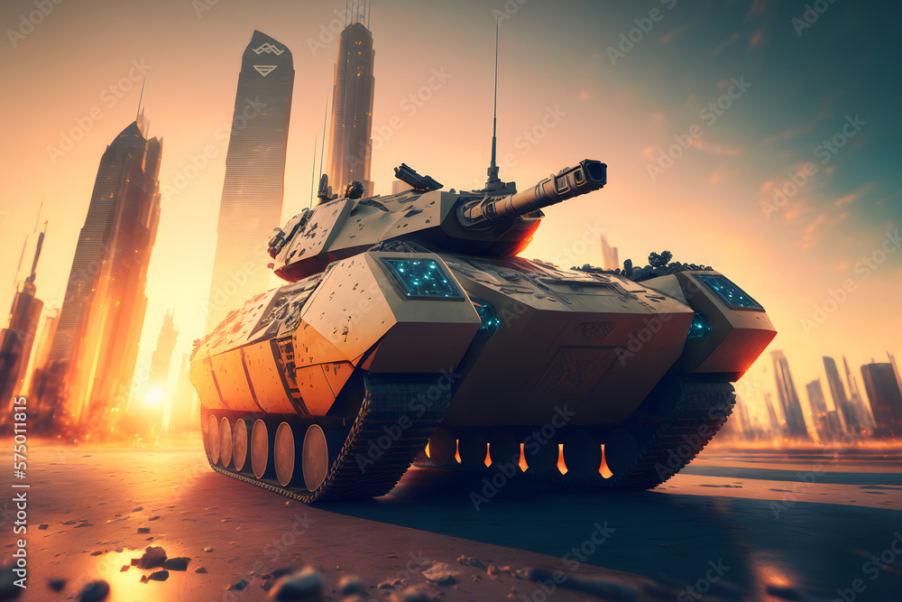 Modern futuristic battle tank with turret and cannon in city center ...