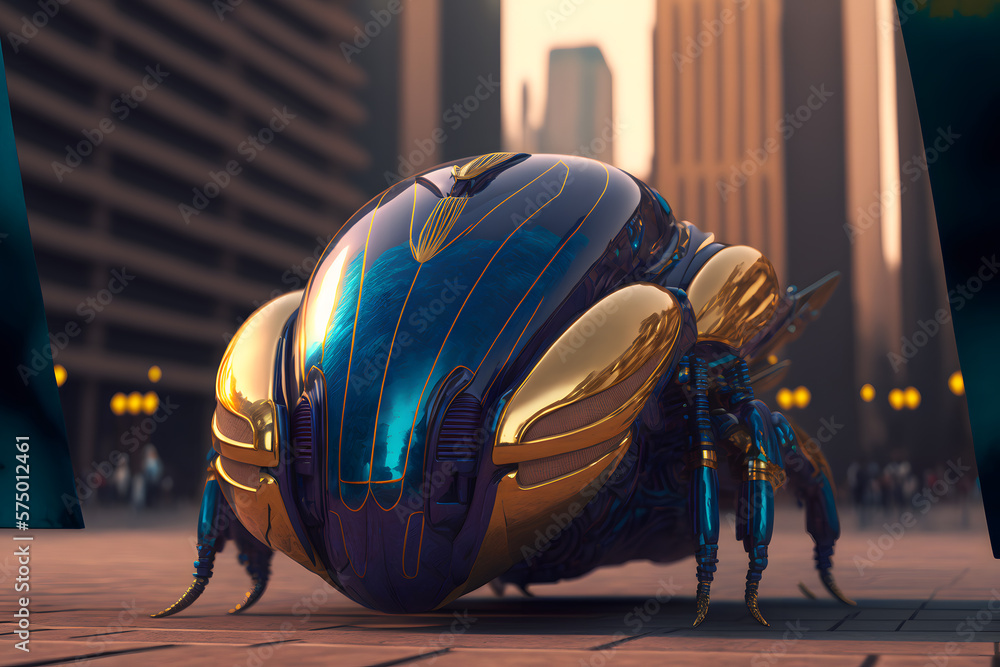 Modern futuristic car with bettle design in city center. Neural network ...