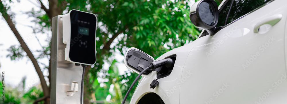 Focus closeup electric vehicle plugged in with EV charger device from ...