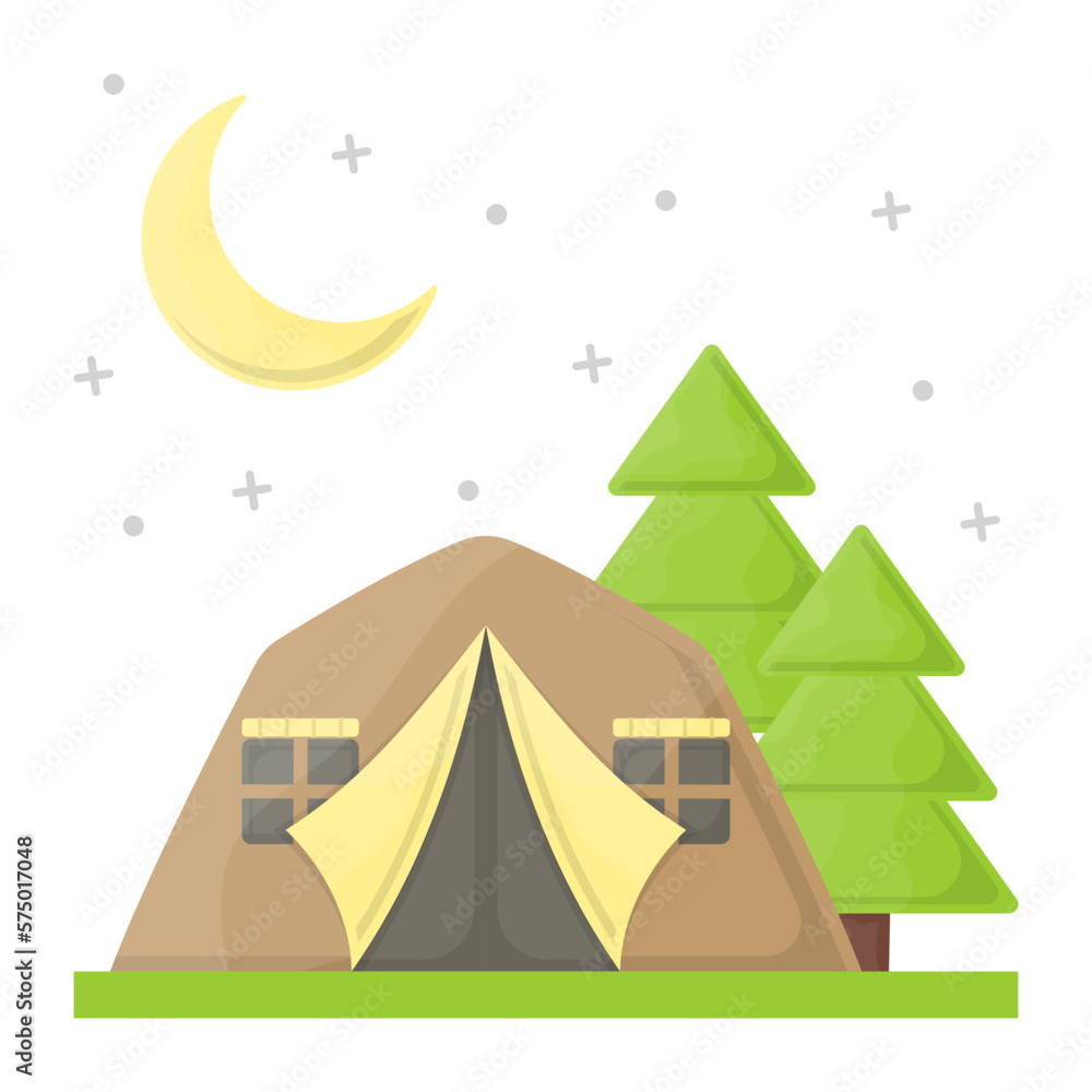 Campsite Night View concept, Base camp in Jungle vector color icon ...