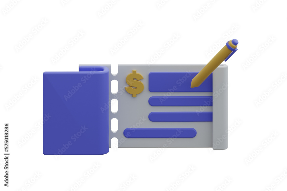 3D bank cheque with pen. Illustration records of financial business ...