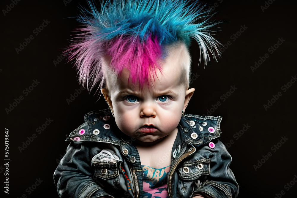 Confused punk baby with colorful hair, dressed in rocker outfit on dark ...