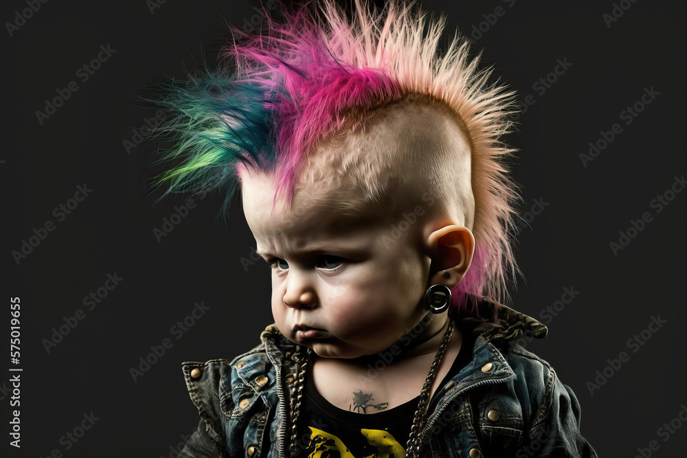 Punk baby with colorful hair, dressed in rocker outfit on dark black ...