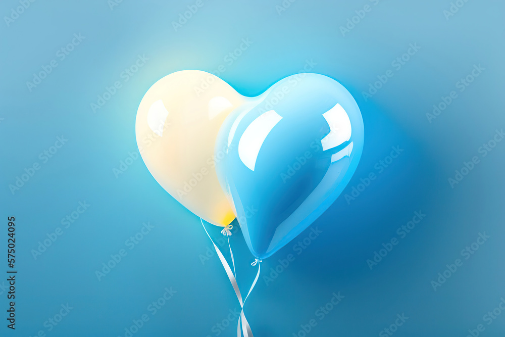 Two beautiful balloons merge into a heart shape on a light blue ...