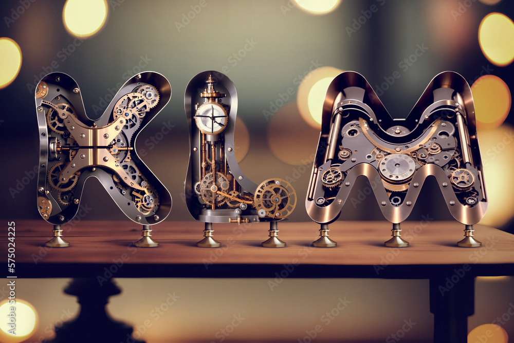 Vintage steampunk style letters standing on the table with blurred ...