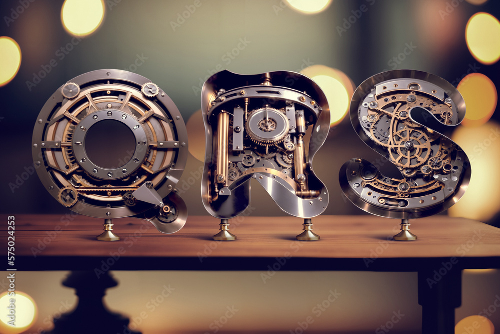 Vintage steampunk style letters standing on the table with blurred ...
