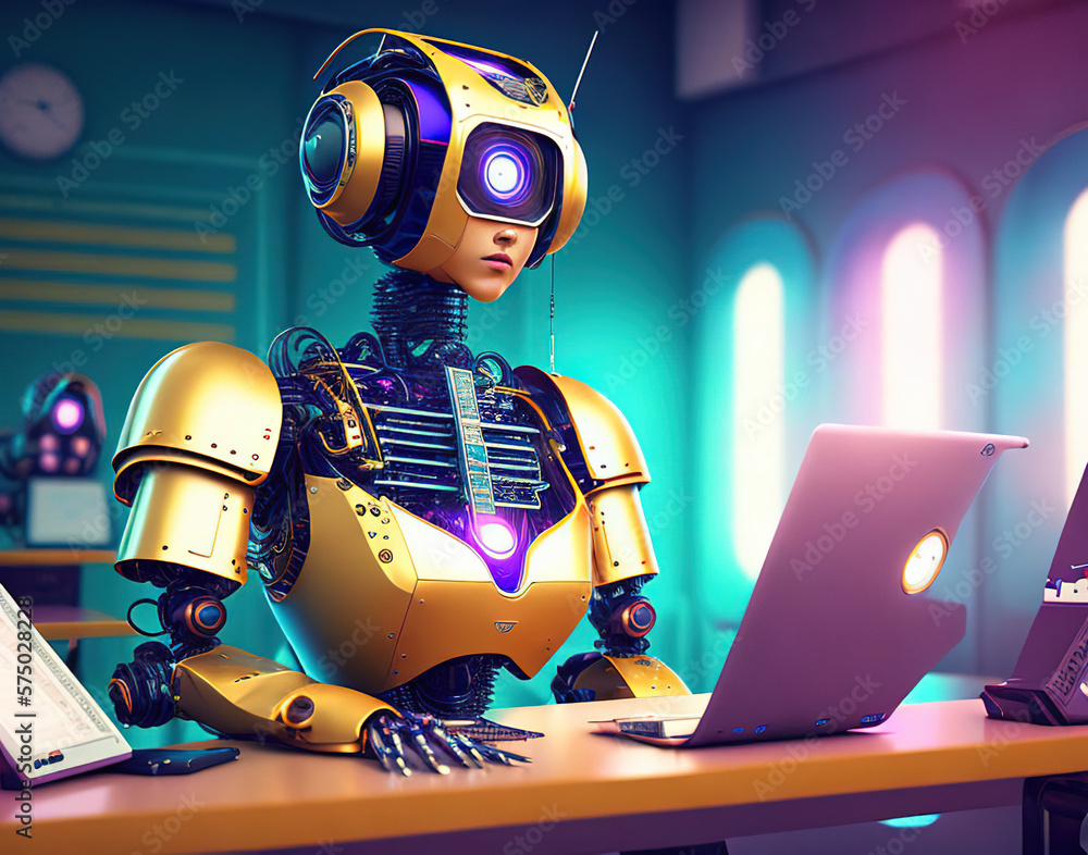 Humanoid robot student girl sits using a laptop computer in a ...