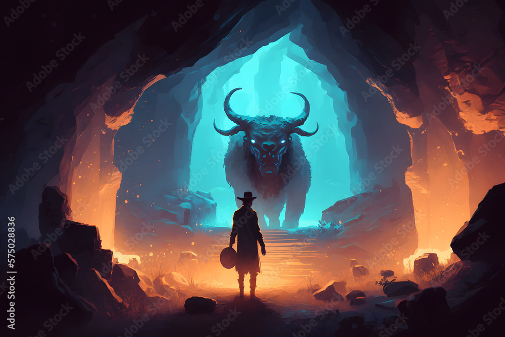 Theseus found the creature minotaur in cave labyrinth greek mythology ...