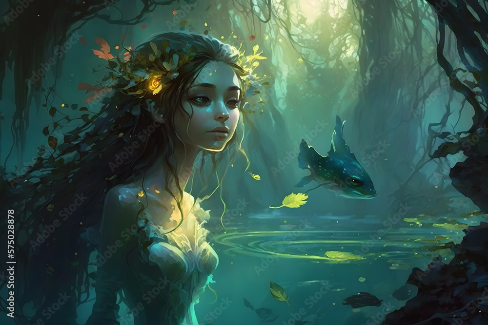 Beautiful young fairytale nymph girl in natural dress in sacred river ...