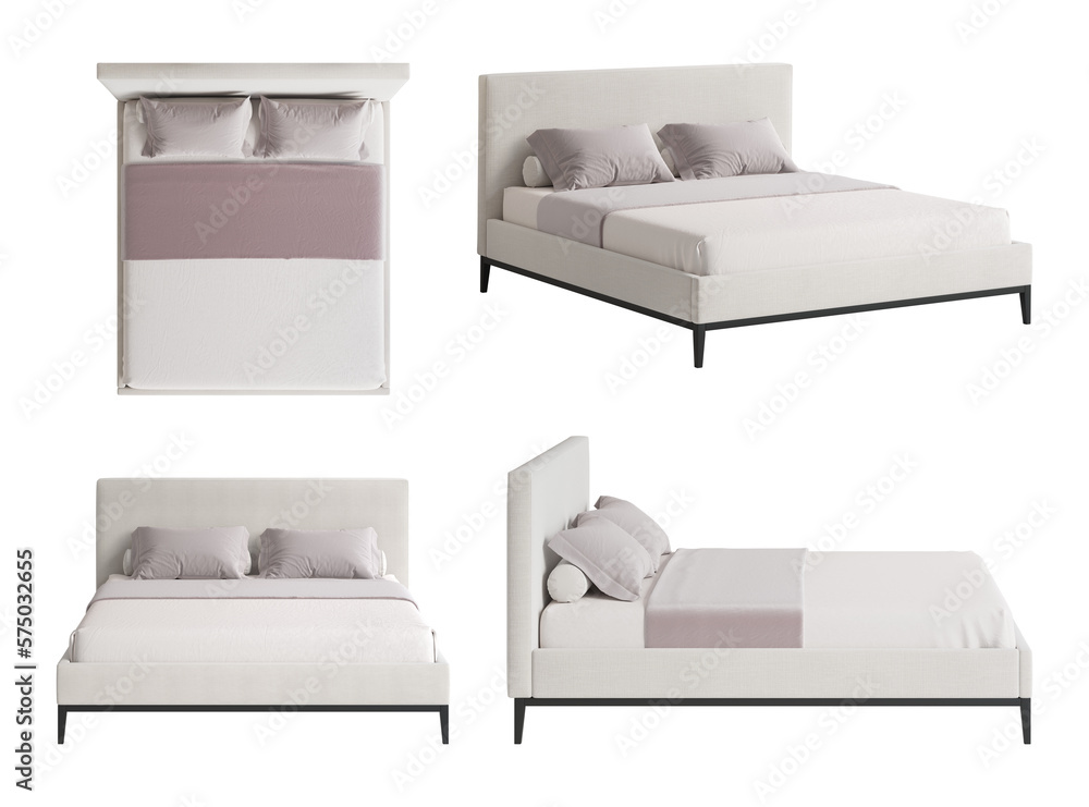 A set of four views of an elegant beige bed with two pillows and a ...