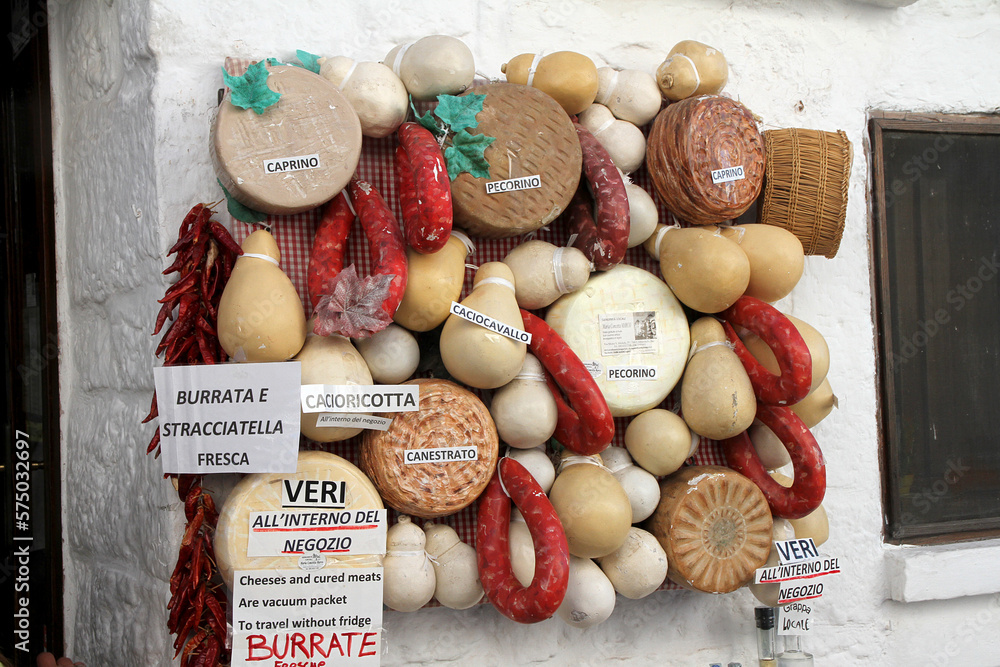 Fake Italian cured meats and cheeses outside a shop in Alberobello ...