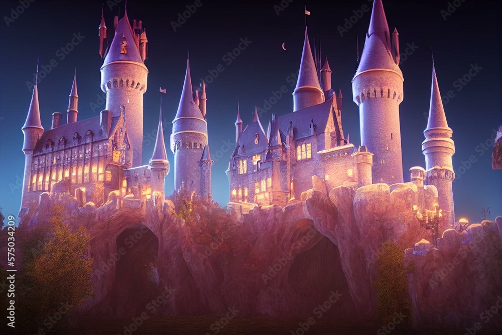 Fantasy magical castle at night, digital art Hogwarts style. Generative ...