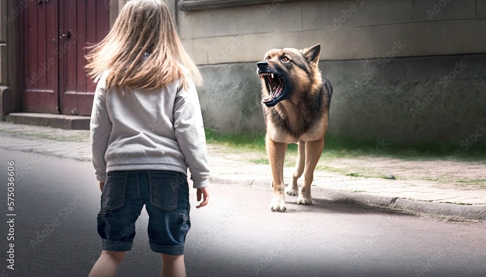 Big terrible stray dog barking and growls on little girl walking street ...
