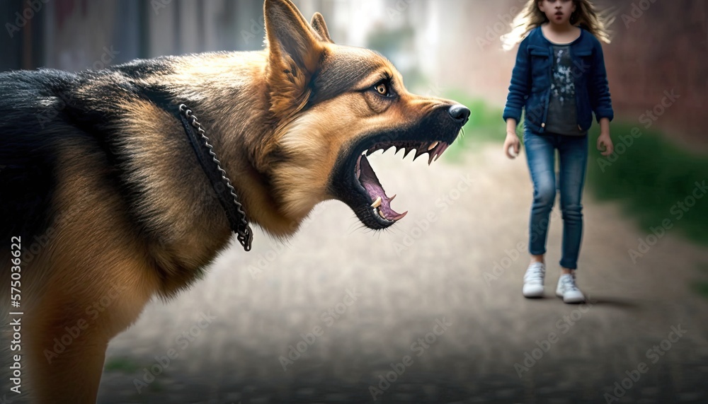 Big terrible stray dog barking and growls on screaming little girl ...