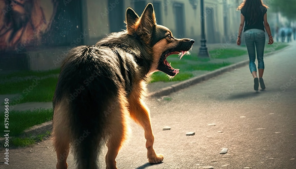 Big terrible stray dog barking and growls on little girl walking street ...